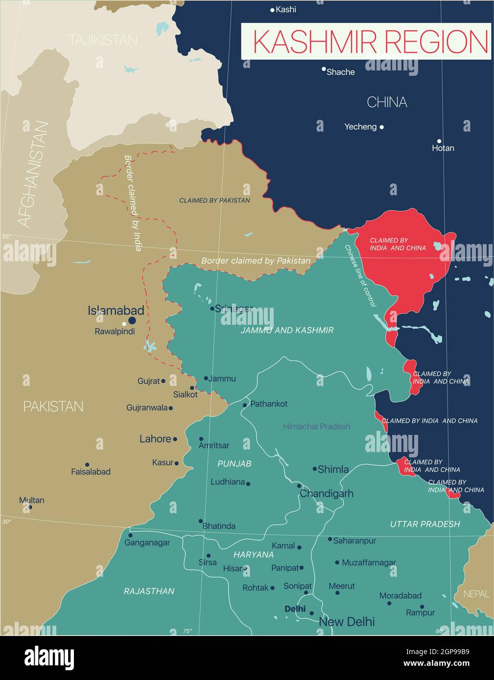 Kashmir region detailed editable map with countries cities and towns ...