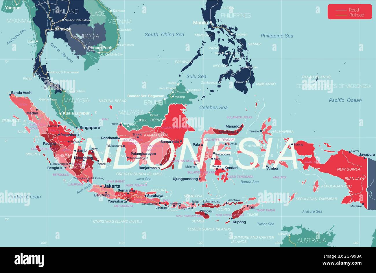 Indonesia country detailed editable map with regions cities and towns ...