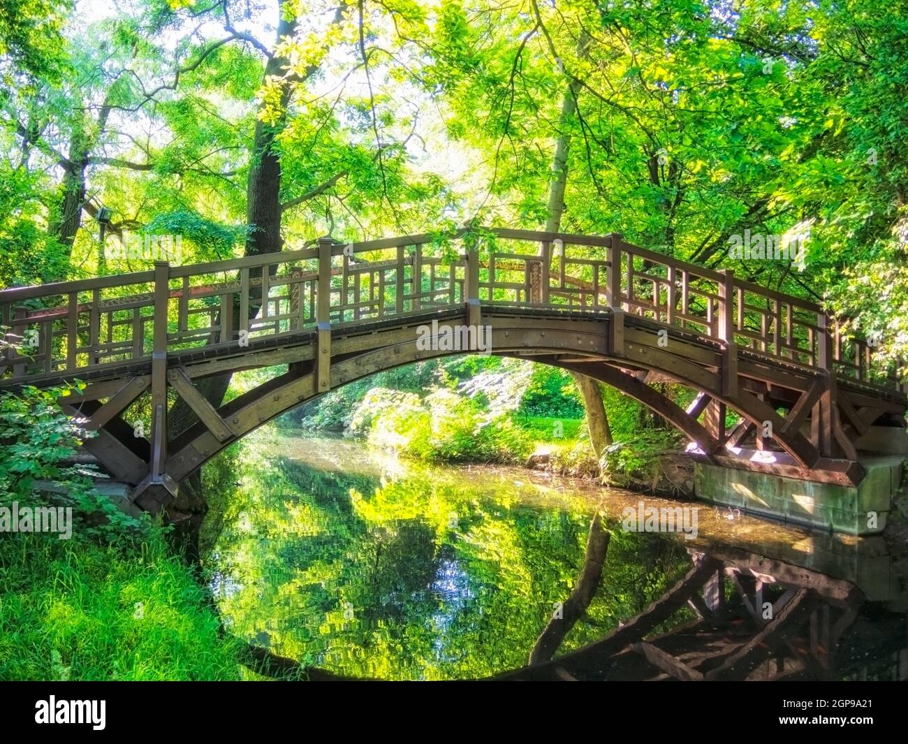 Arch bridge made of wood in the Johannapark in Leipzig Stock Photo - Alamy