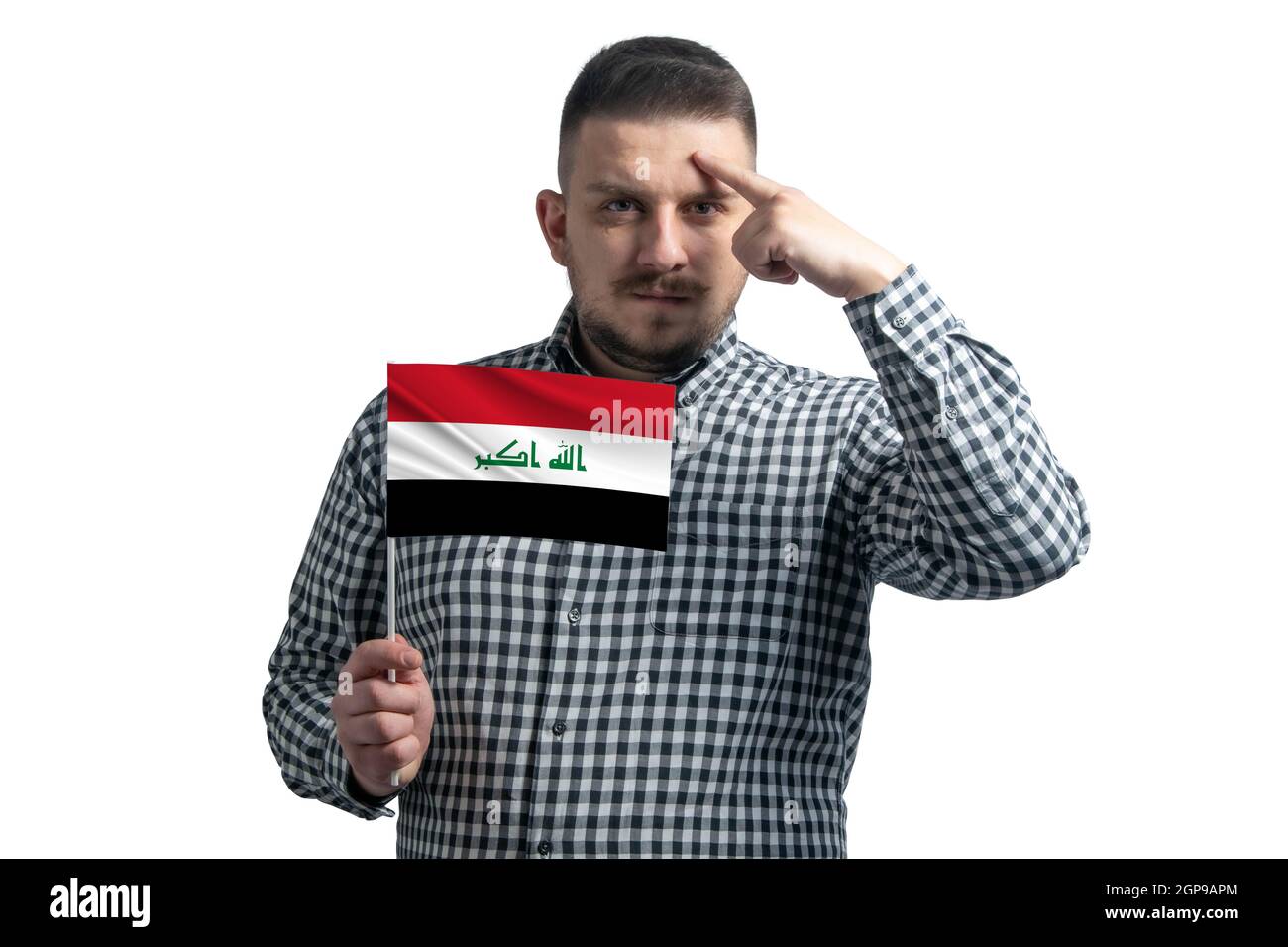 White guy holding a flag of Iraq and a finger touches the temple on the ...