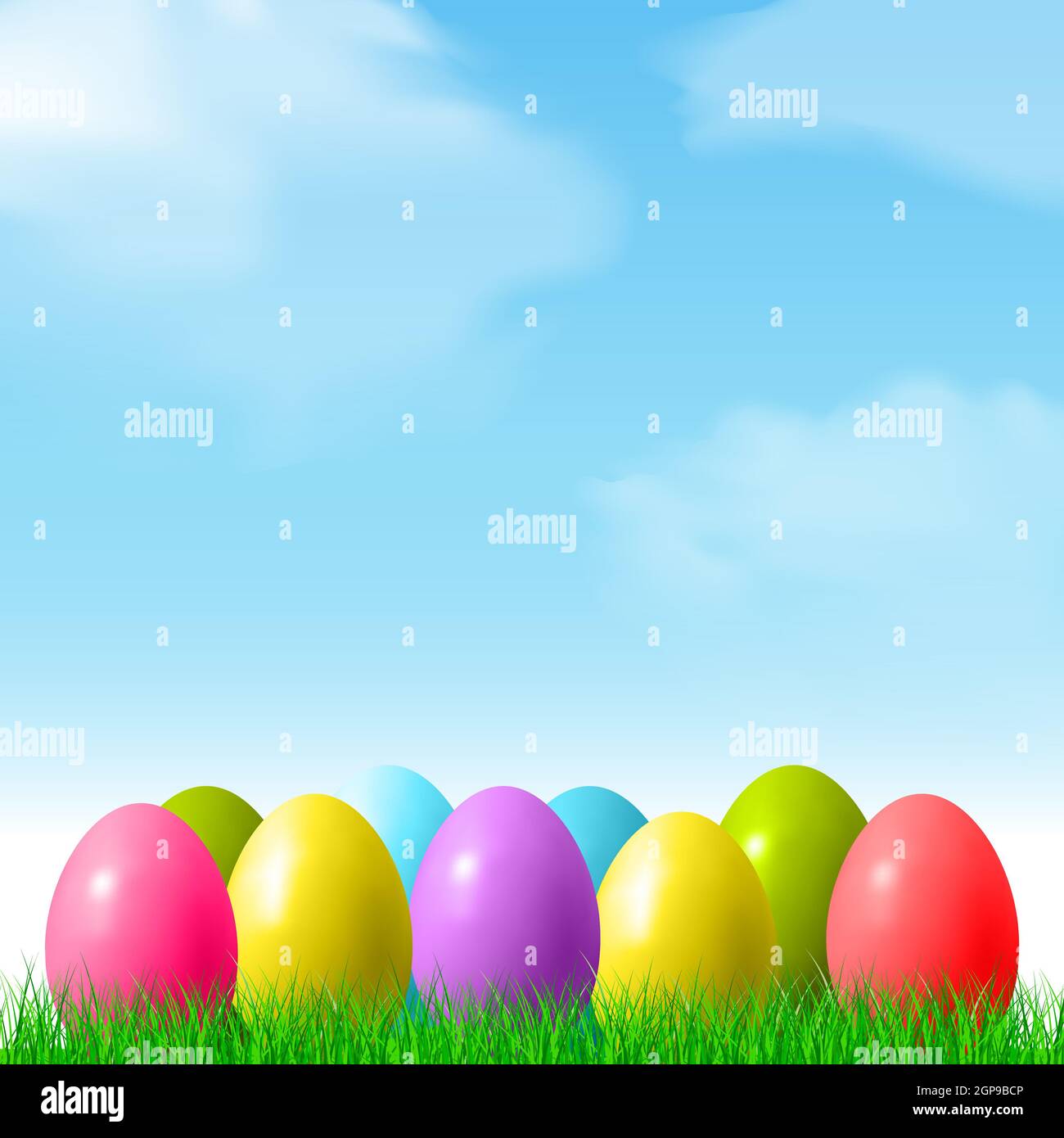 Abstract Easter bokeh background with colorful eggs lying on the grass ...