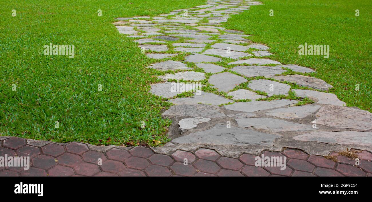 Stone way on green grass Stock Photo - Alamy