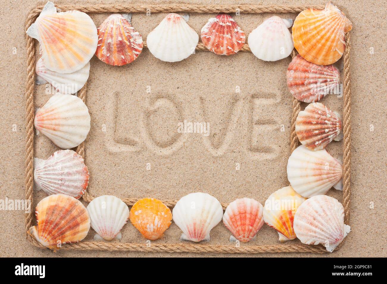 Beautiful frame of rope and seashells on the sand with text love, as ...