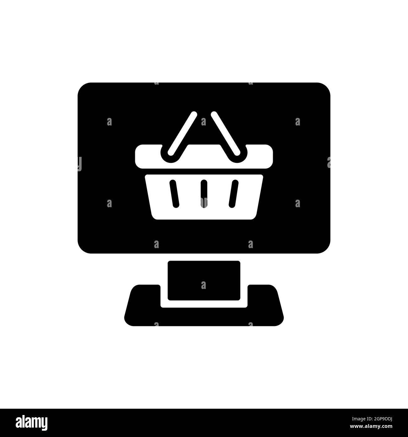 Computer display with shopping cart glyph icon vector. Online shoping ...
