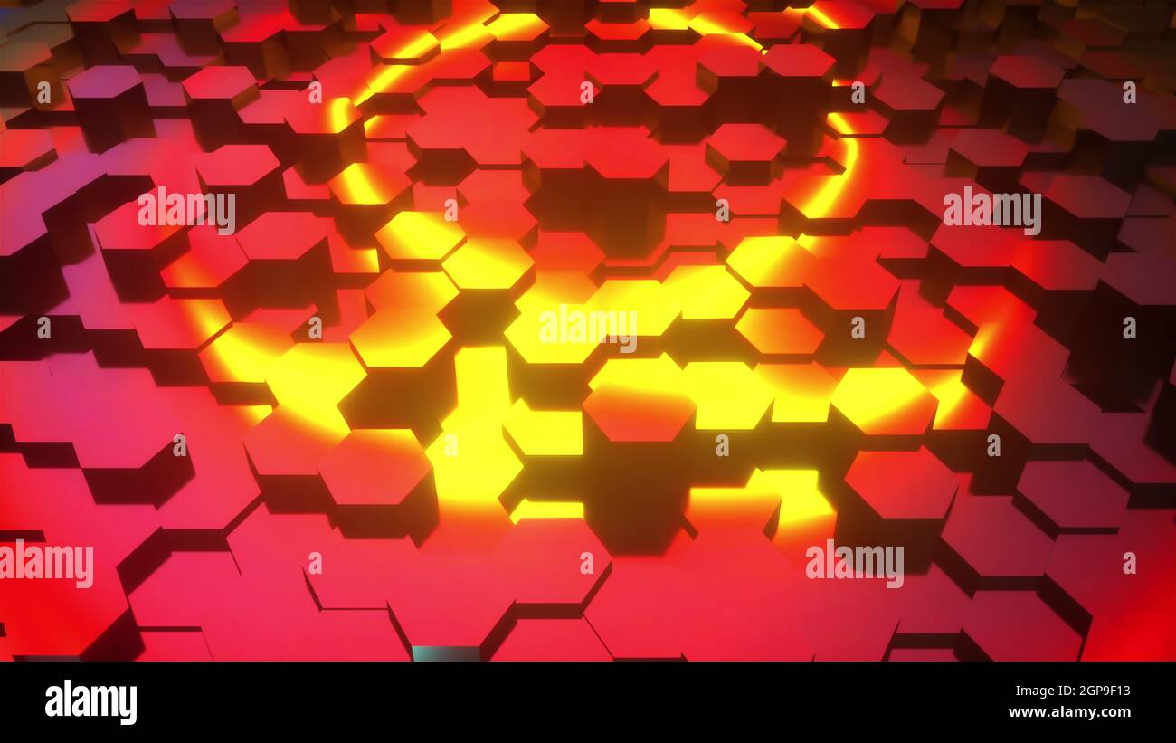 Computer generated hexagonal abstract design with neon light. 3d ...