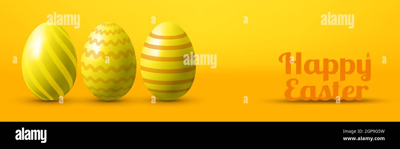 Painted eggs on a yellow background with congratulations on Easter ...