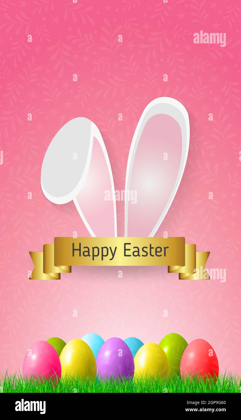Easter background with colorful eggs lying on the grass, bunny ears ...