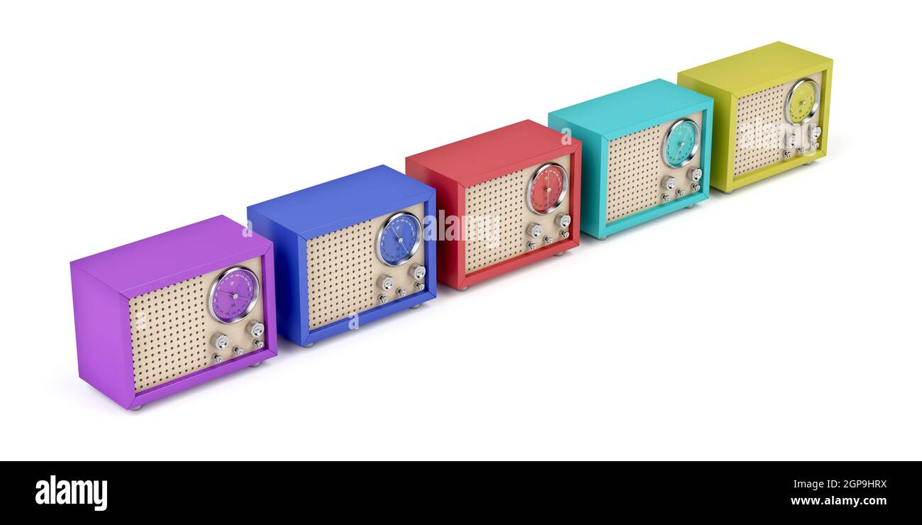 Row with multicolor radios with retro design on white background Stock ...