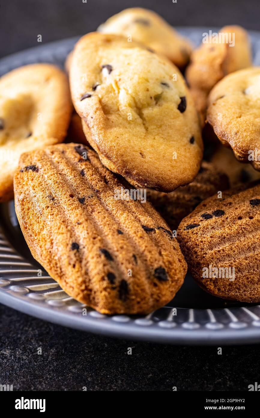 Madeleine with chocolate. Traditional French small cakes on plate Stock ...