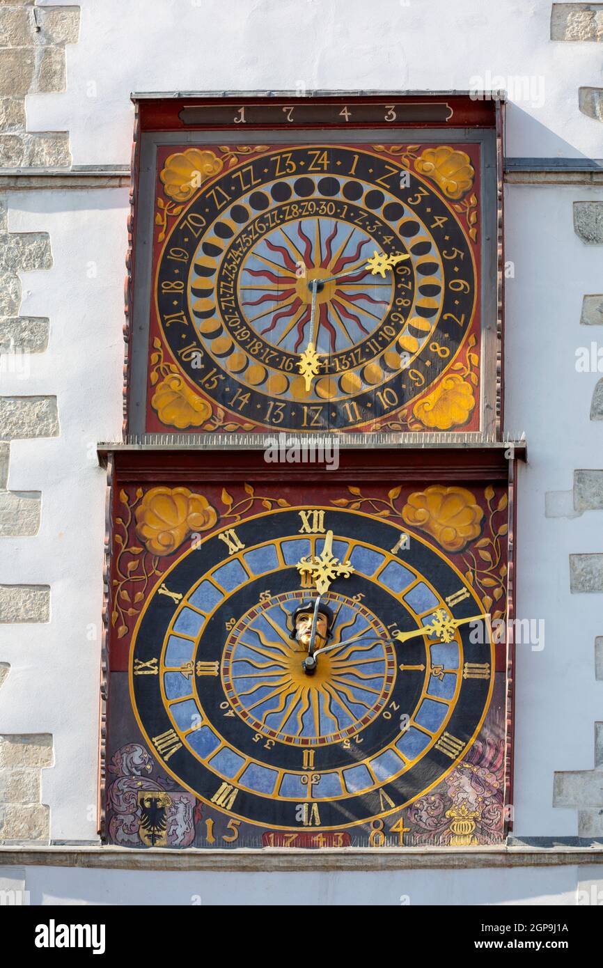 Clock with two dials on the tower of the 14th century Old Town Hall at ...