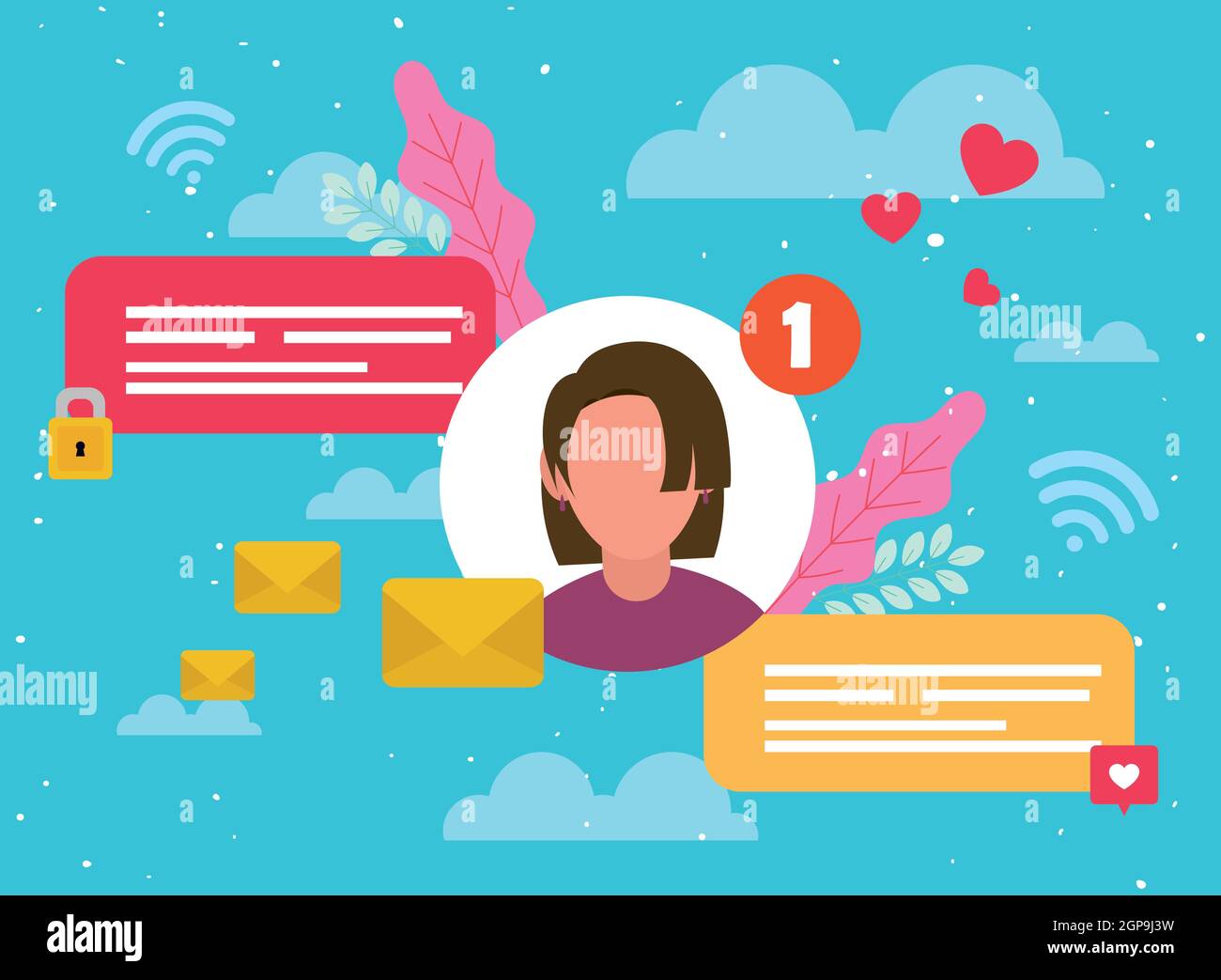 woman envelopes and bubbles of messaging theme Stock Vector Image & Art ...