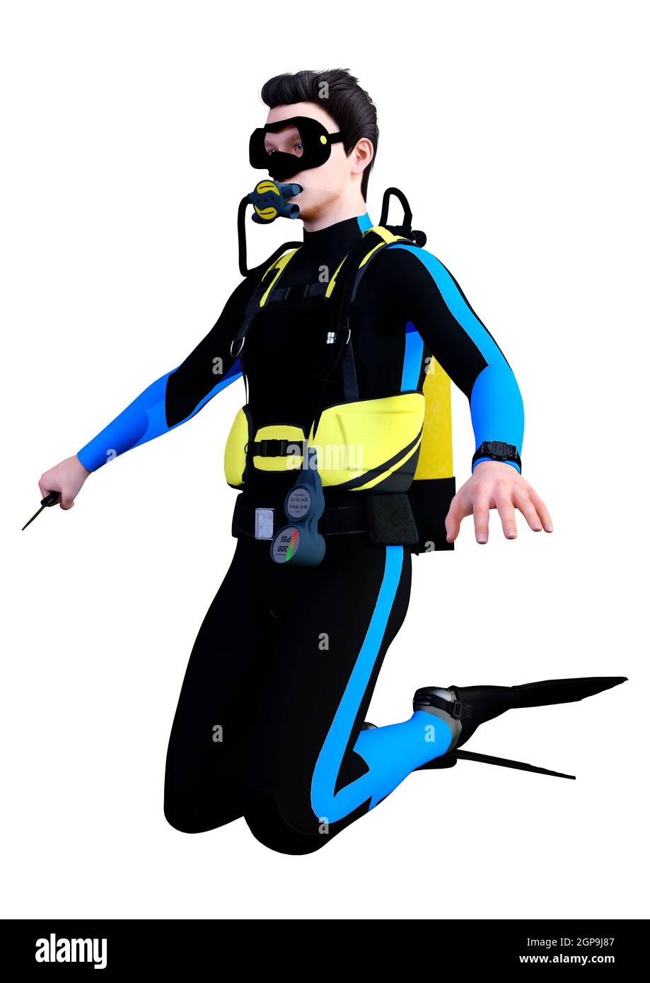 3D rendering of a young male diver isolated on white background Stock ...