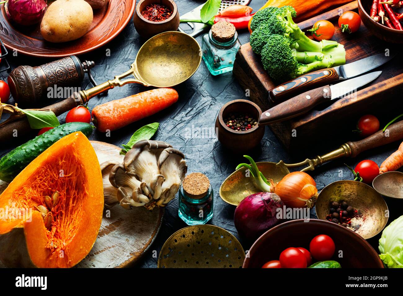 Fresh raw vegetables on the kitchen table.Healthy eating.Vegetarian ...