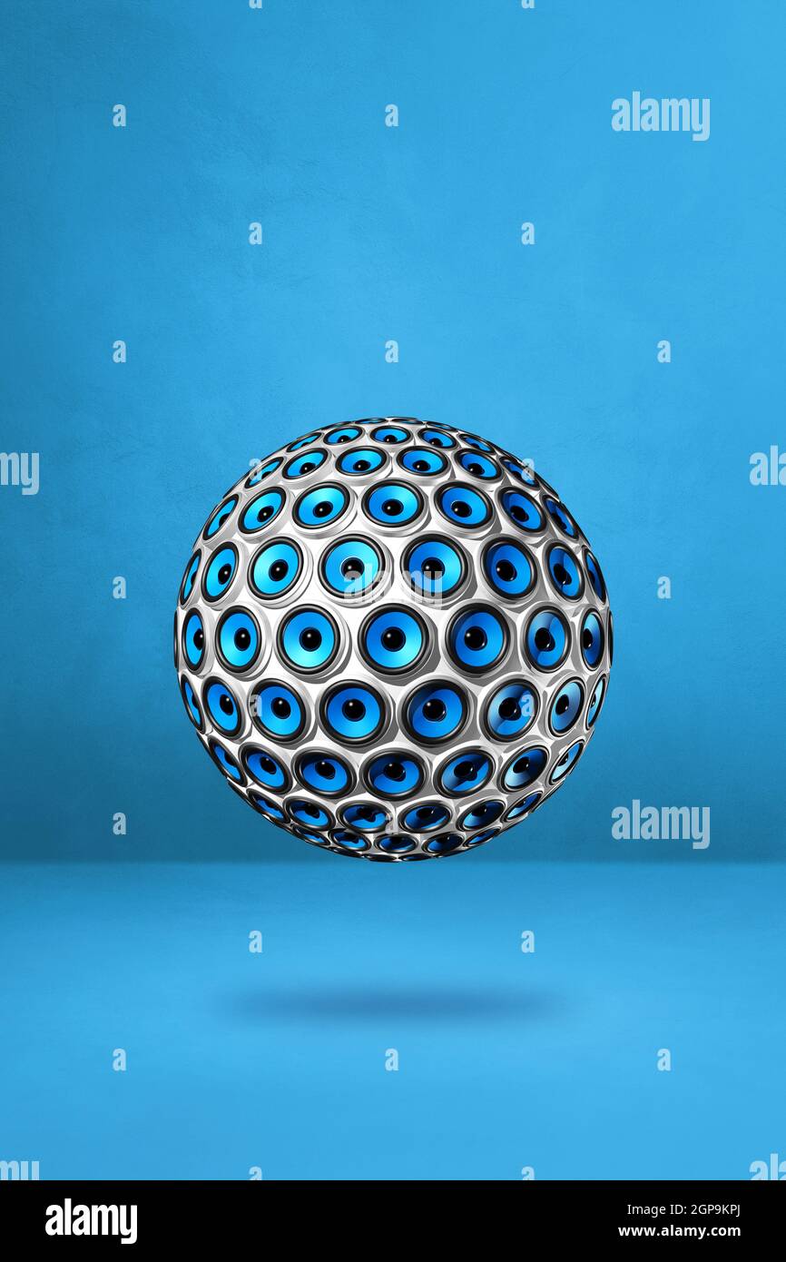 Speakers sphere isolated on a blue studio background. 3D illustration ...