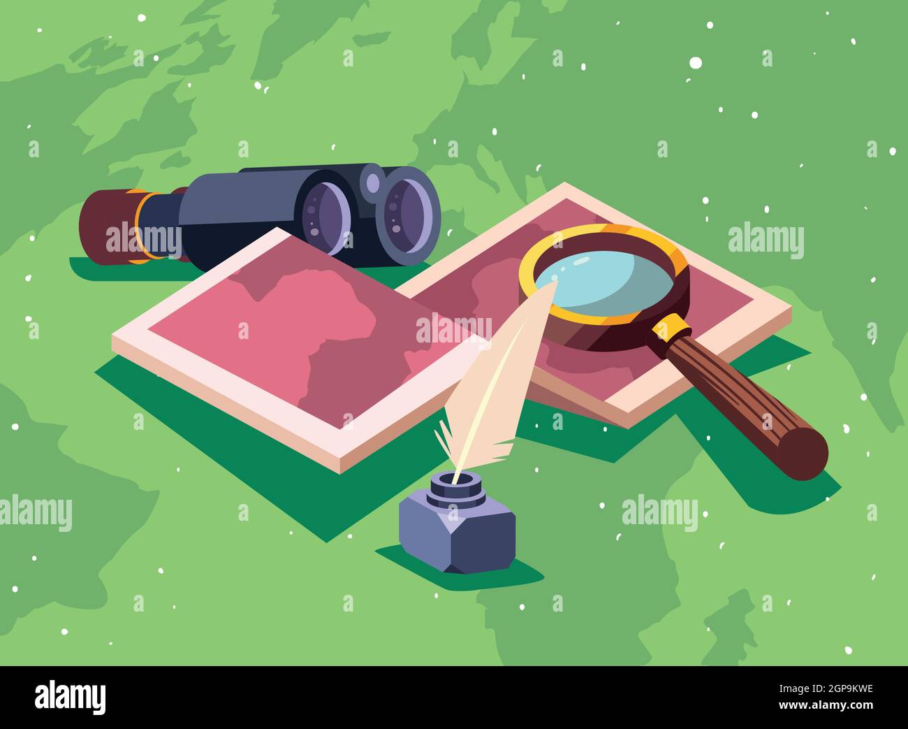 map lupe binoculars and feather pen of geography theme Stock Vector ...