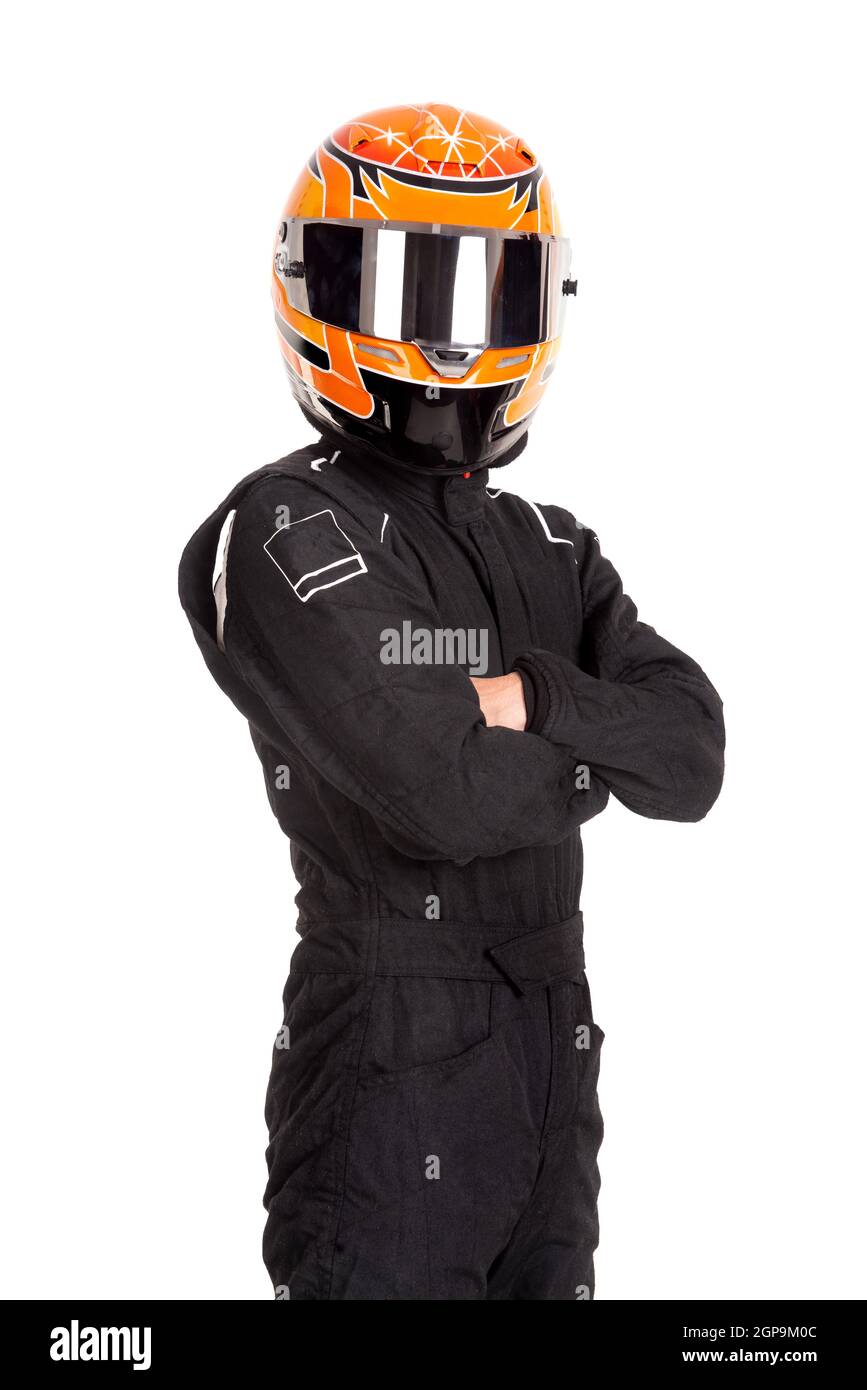 Racing driver posing with helmet isolated in white Stock Photo - Alamy