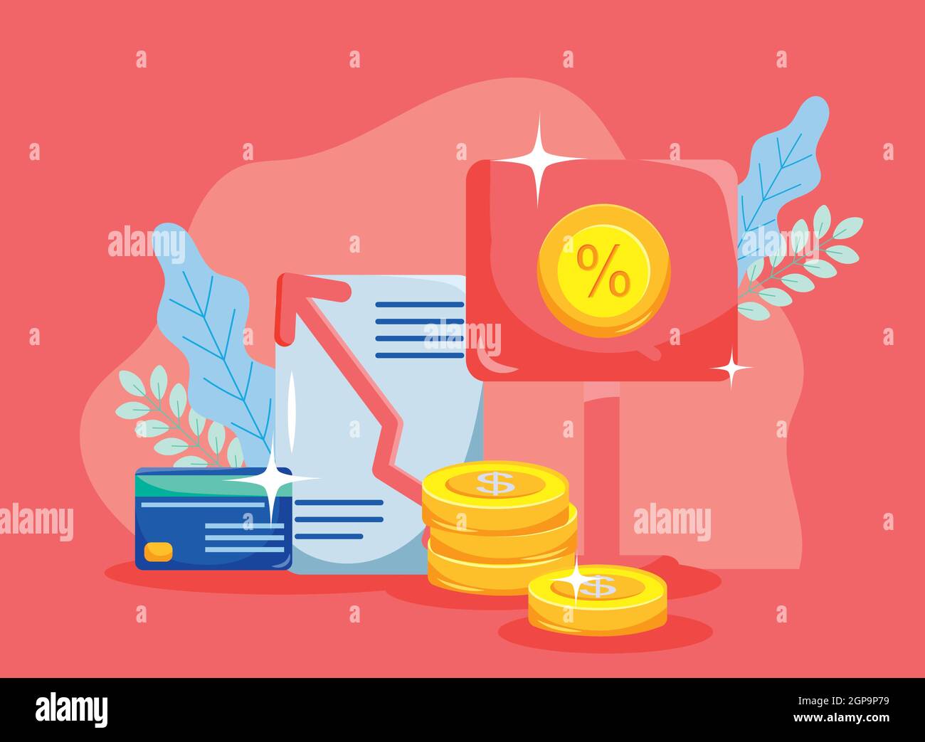 Coin in banner document and credit card of interest theme Stock Vector ...
