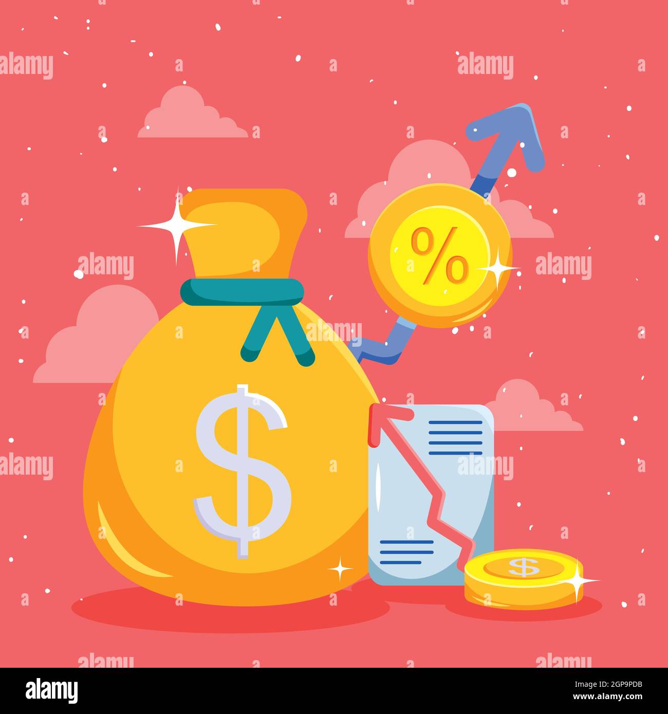 Money bag with coins and increase arrows of interest theme Stock Vector ...