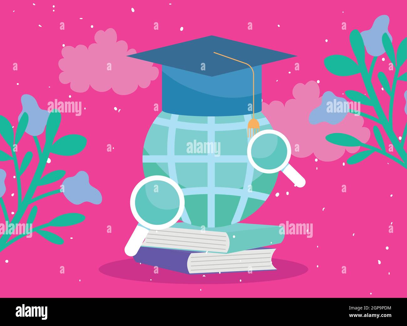 global sphere on books with graduation cap of education theme Stock ...