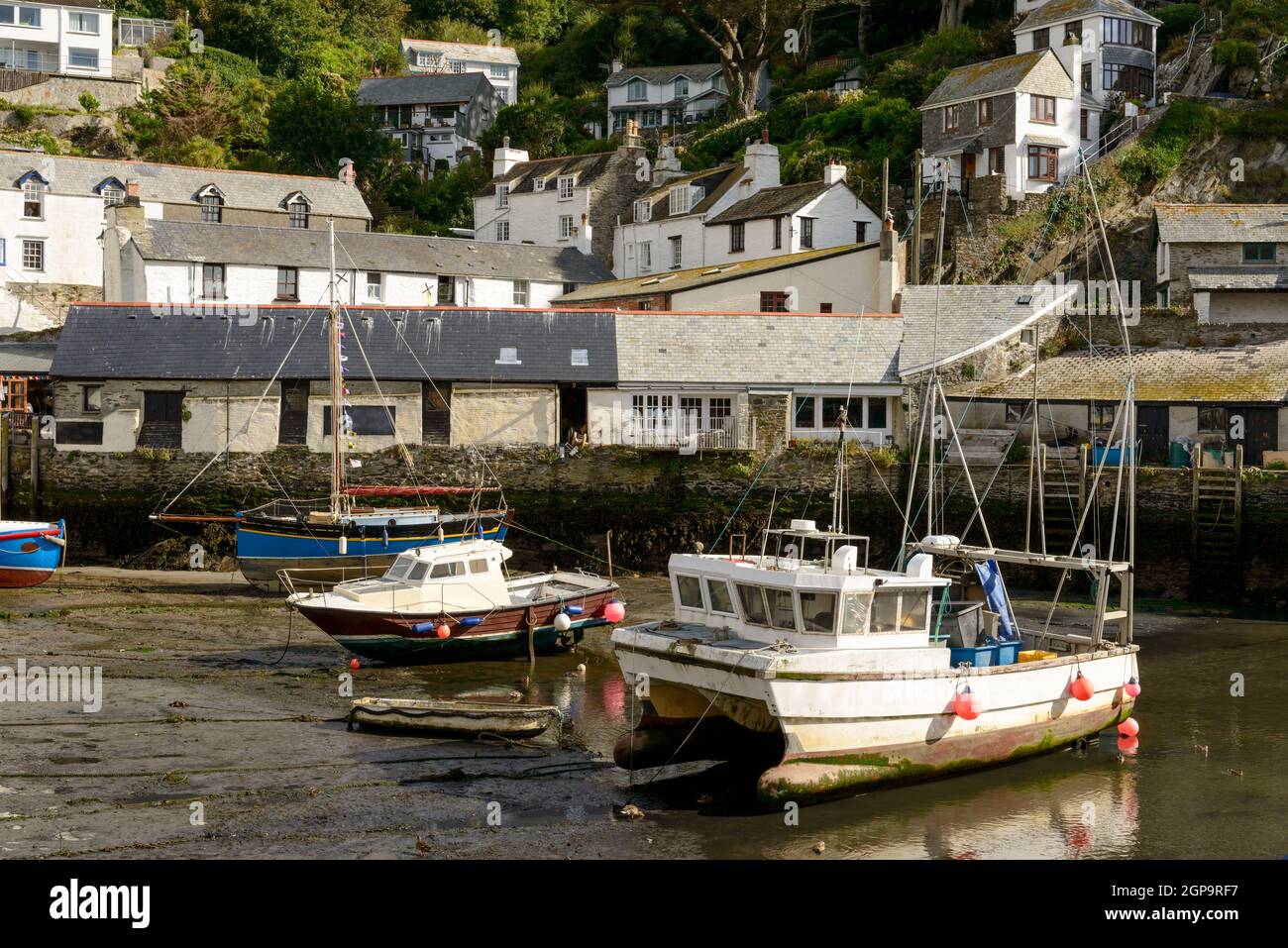 cityscape of the touristic village on southern coast of Cornwall with ...