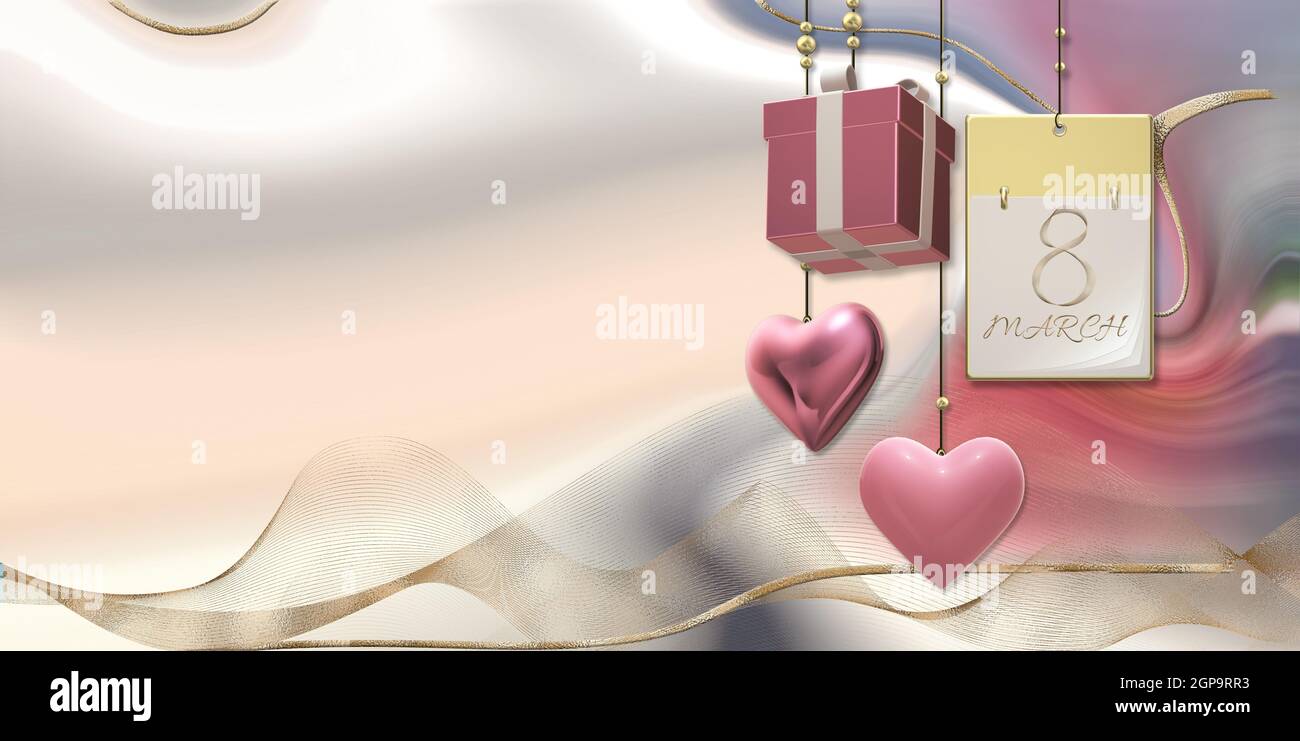 Women's Day 8 March. Calendar with 8 March, hanging 3D gift box, hearts ...