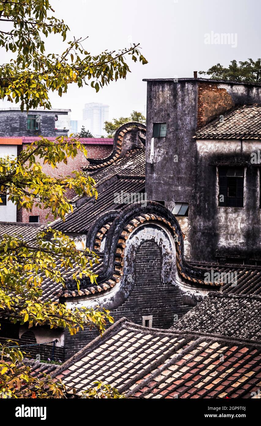 Shawan ancient town traditional roof called Wok handle-shaped roofs in ...