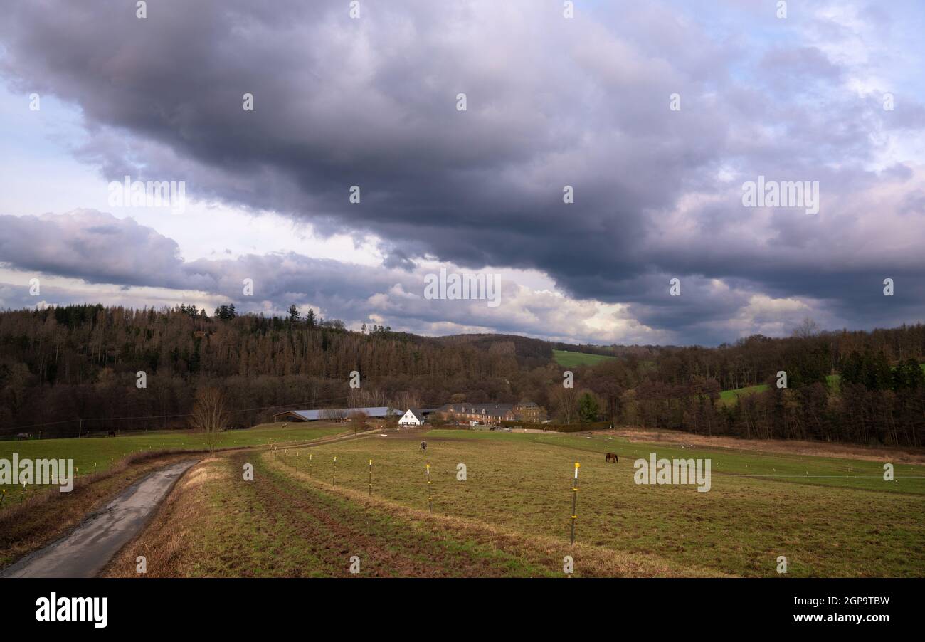 Panoramic image of scenic view on a cloudy day, Bergisches Land ...