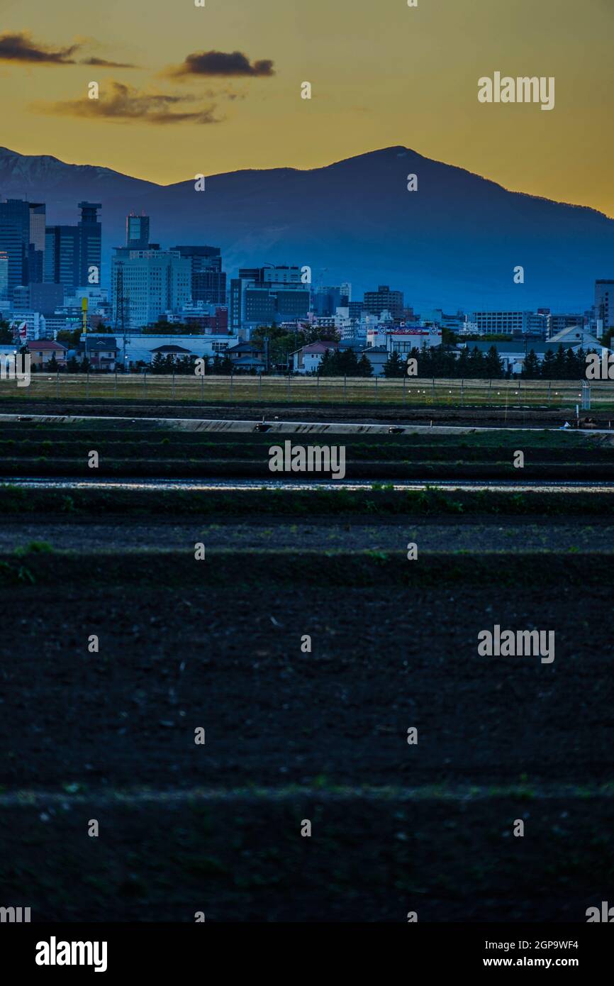 Sendai City downtown skyline and sunset. Shooting Location: Sendai ...