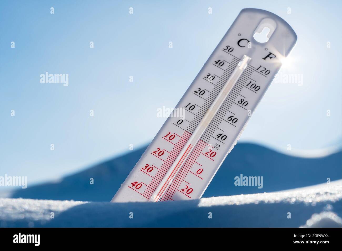 The thermometer lies on the snow in winter showing a negative ...