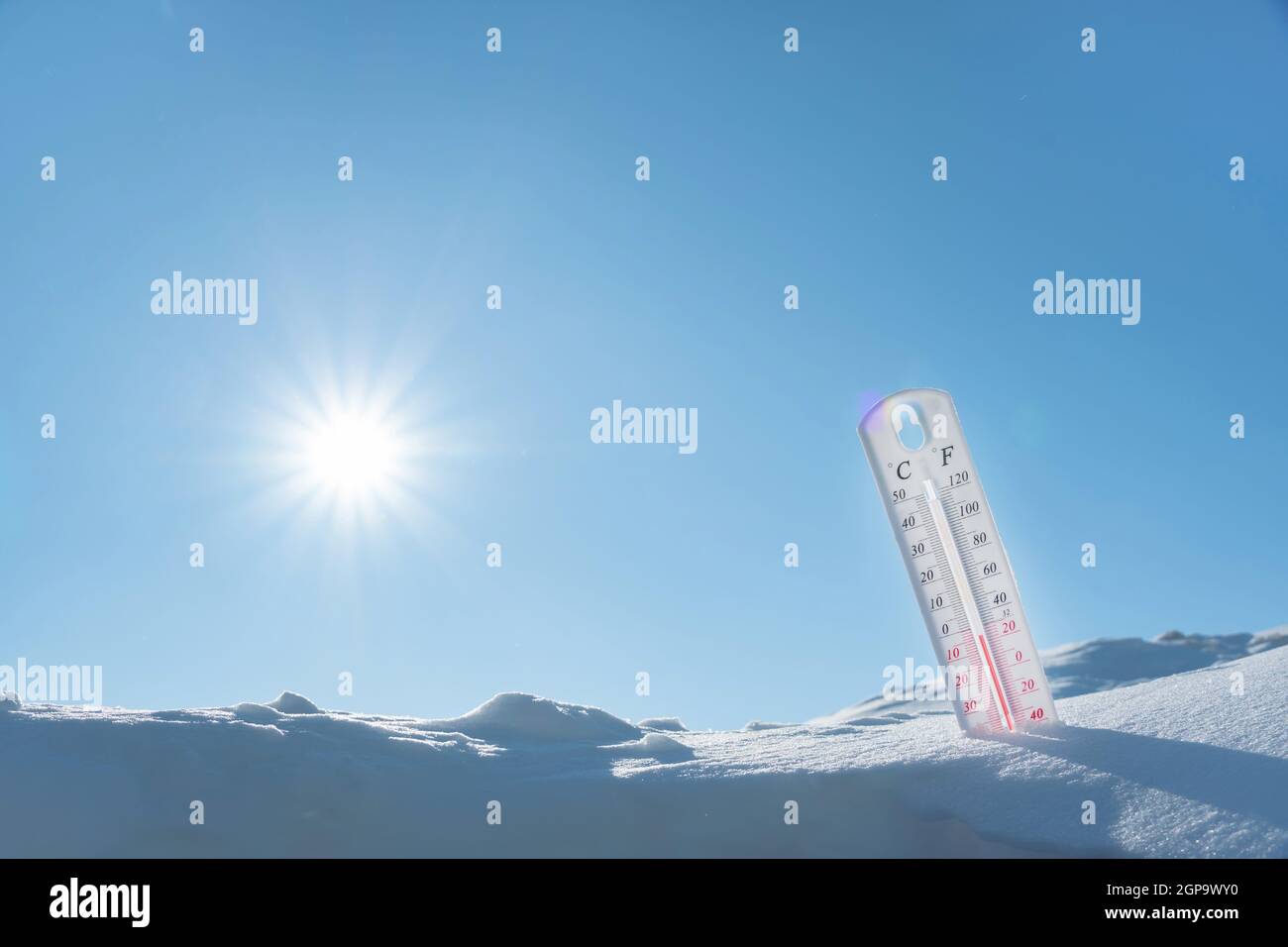 The thermometer lies on the snow in winter showing a negative ...