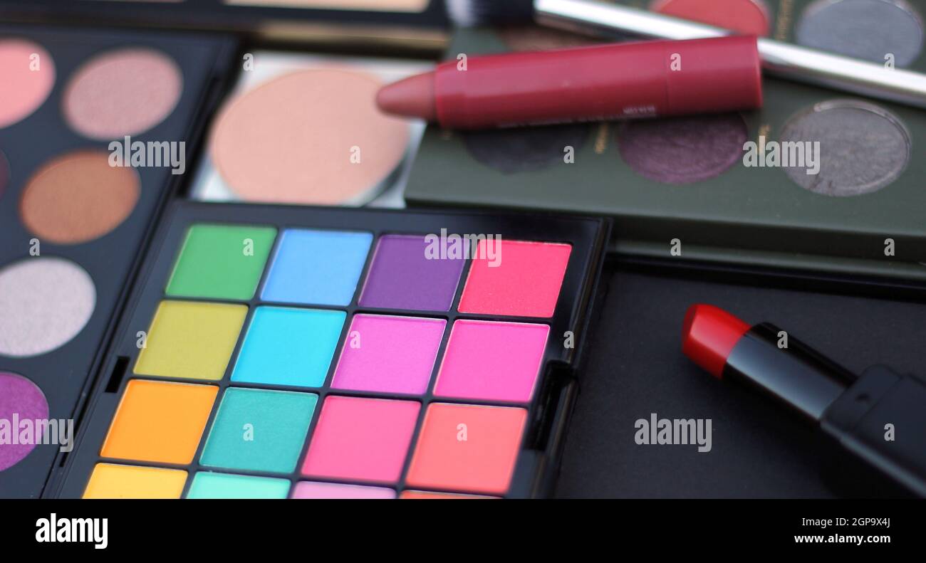 Colorful Cosmetic Pigment Palettes with Brushes Stock Photo - Alamy