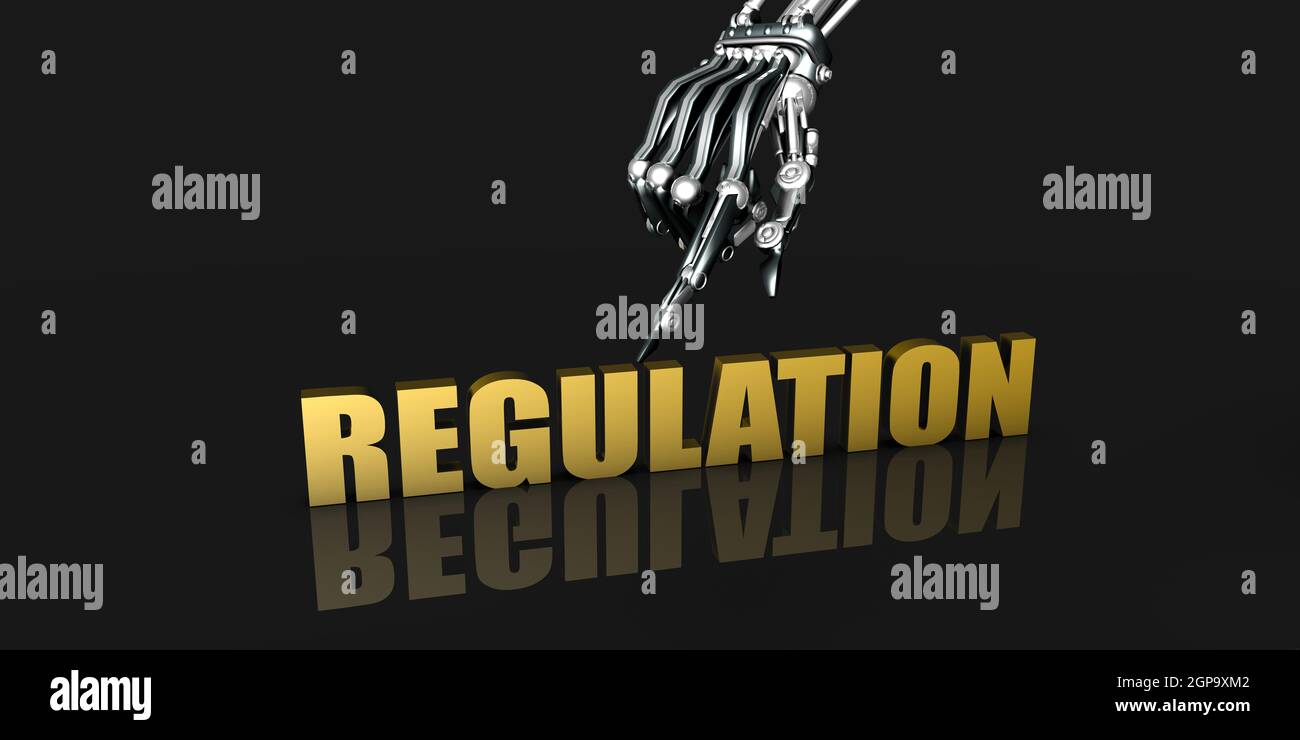 Regulation Industry with Robotic Hand Pointing on Black Background ...