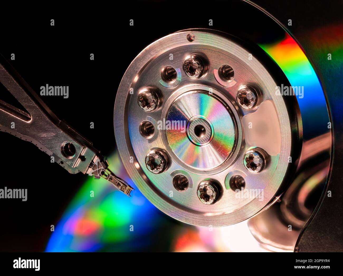 Macro of an open computer hard drive with the read/write head Stock ...