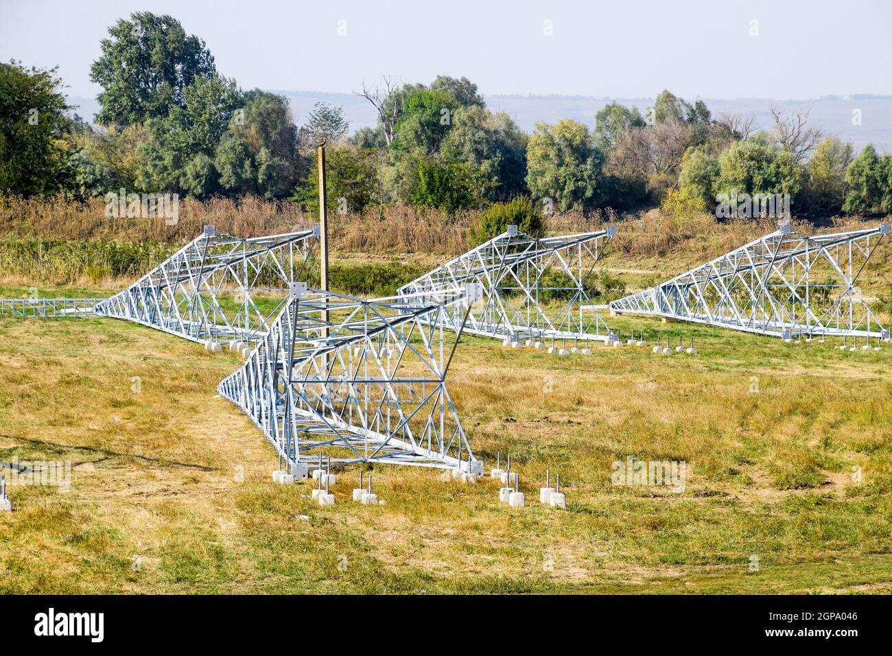 Assembled power transmission line supports, ready for installation ...