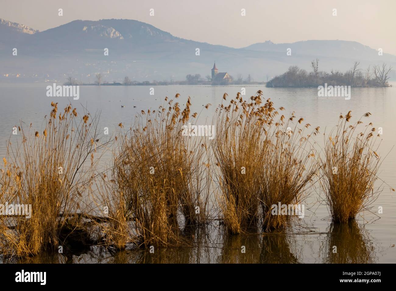 Lake Musov with Church of St. Linhart in Musov, Southern Bohemia, Czech ...