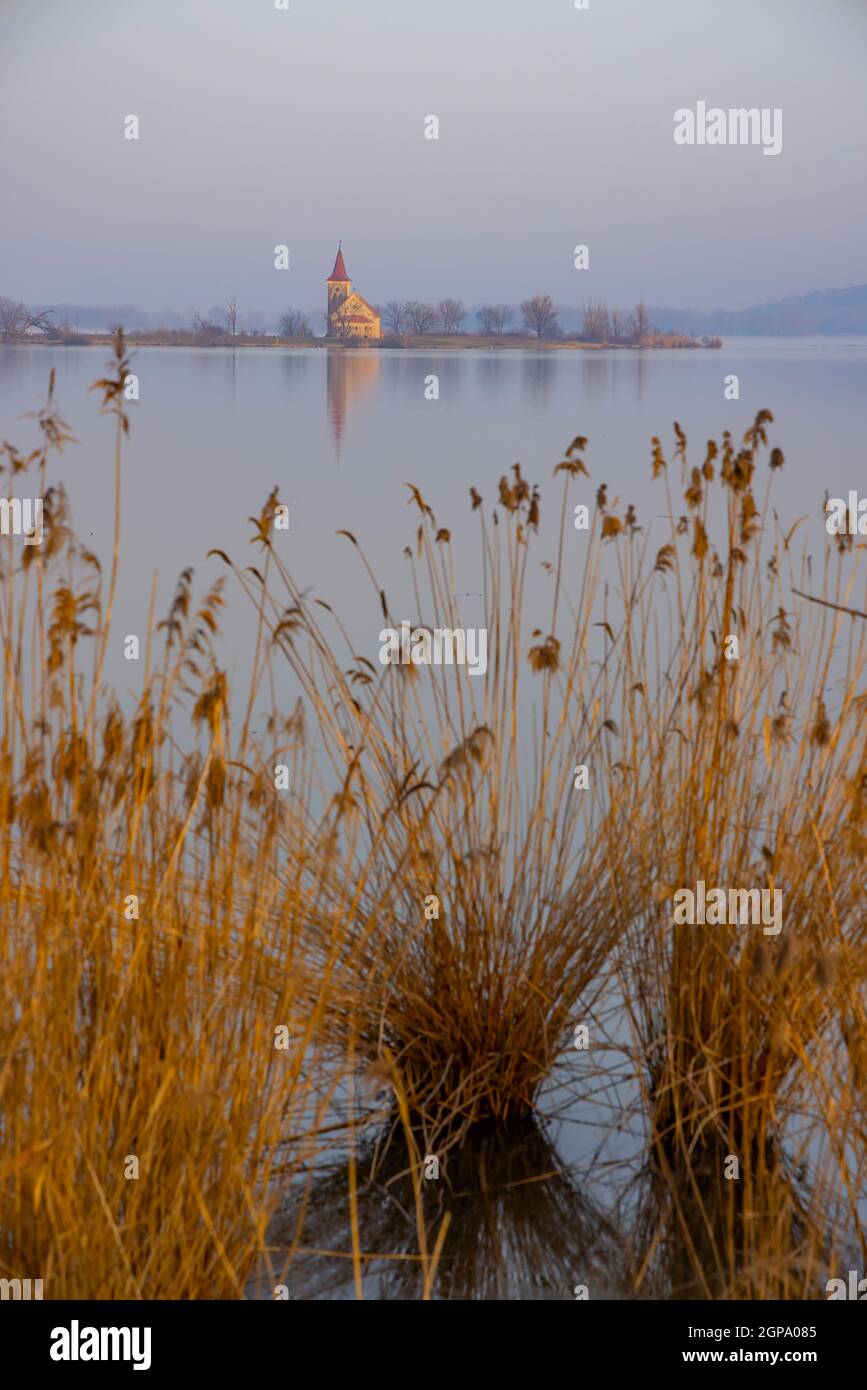 Lake Musov with Church of St. Linhart in Musov, Southern Bohemia, Czech ...