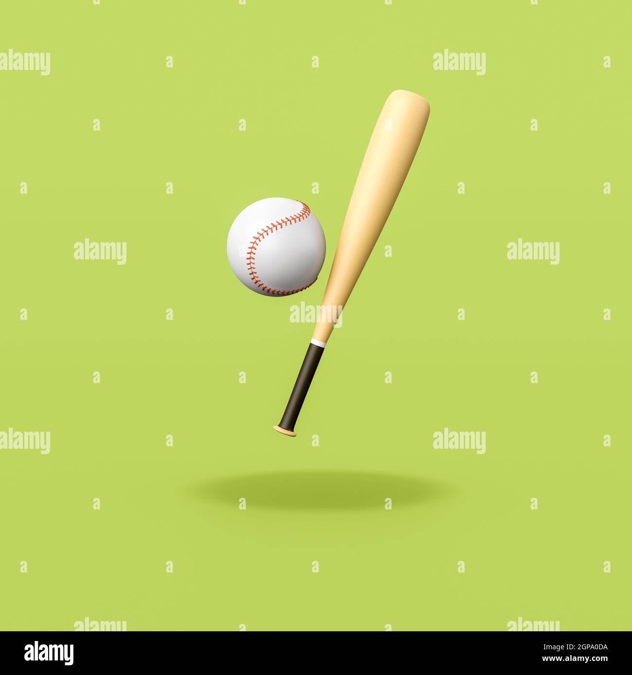 Baseball Bat and Ball Isolated on Flat Green Background with Shadow 3D ...
