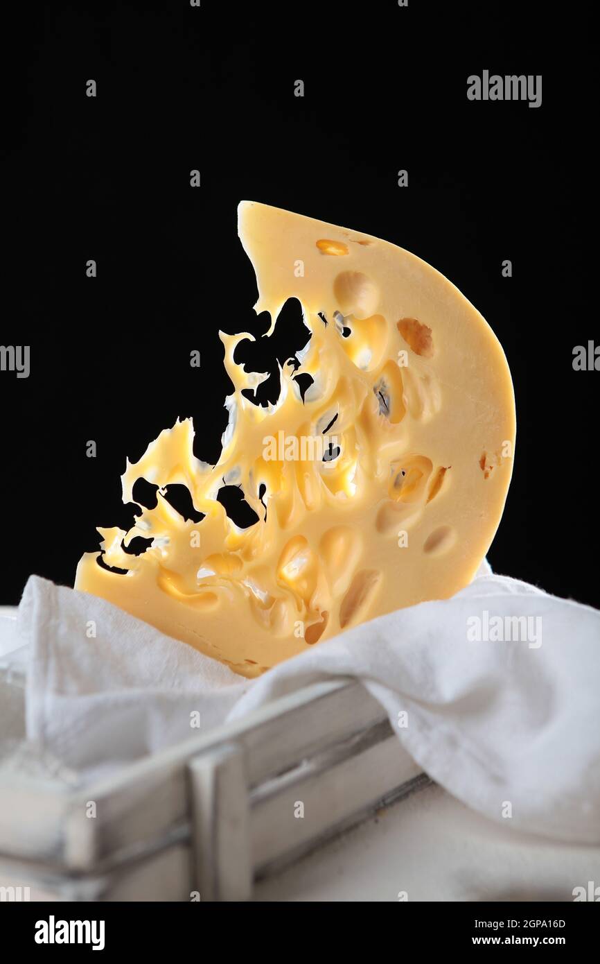 A large piece of hard maasdam cheese on a black background. Cheese with ...
