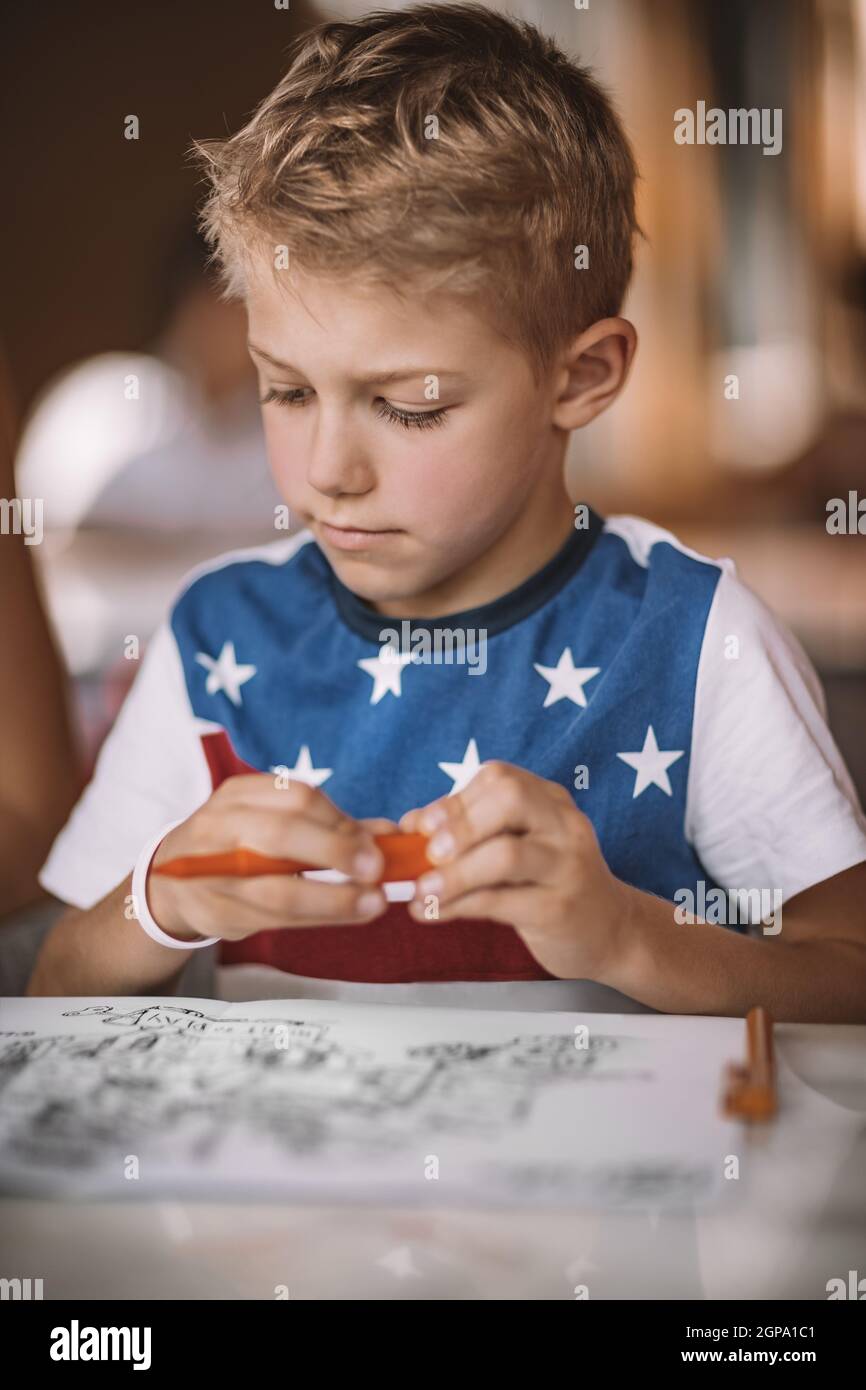 Portrait of a Cute Kid Doing Homework. Distance Education. Self ...