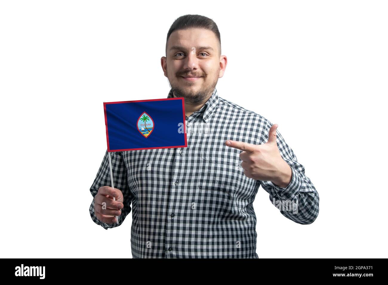 White guy holding a flag of Guam and points the finger of the other ...