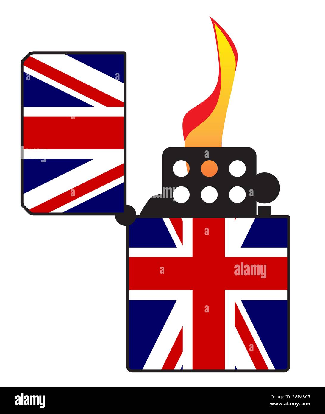 A typical open and ignitied cigarette lighter with a UK Union Jack flag ...