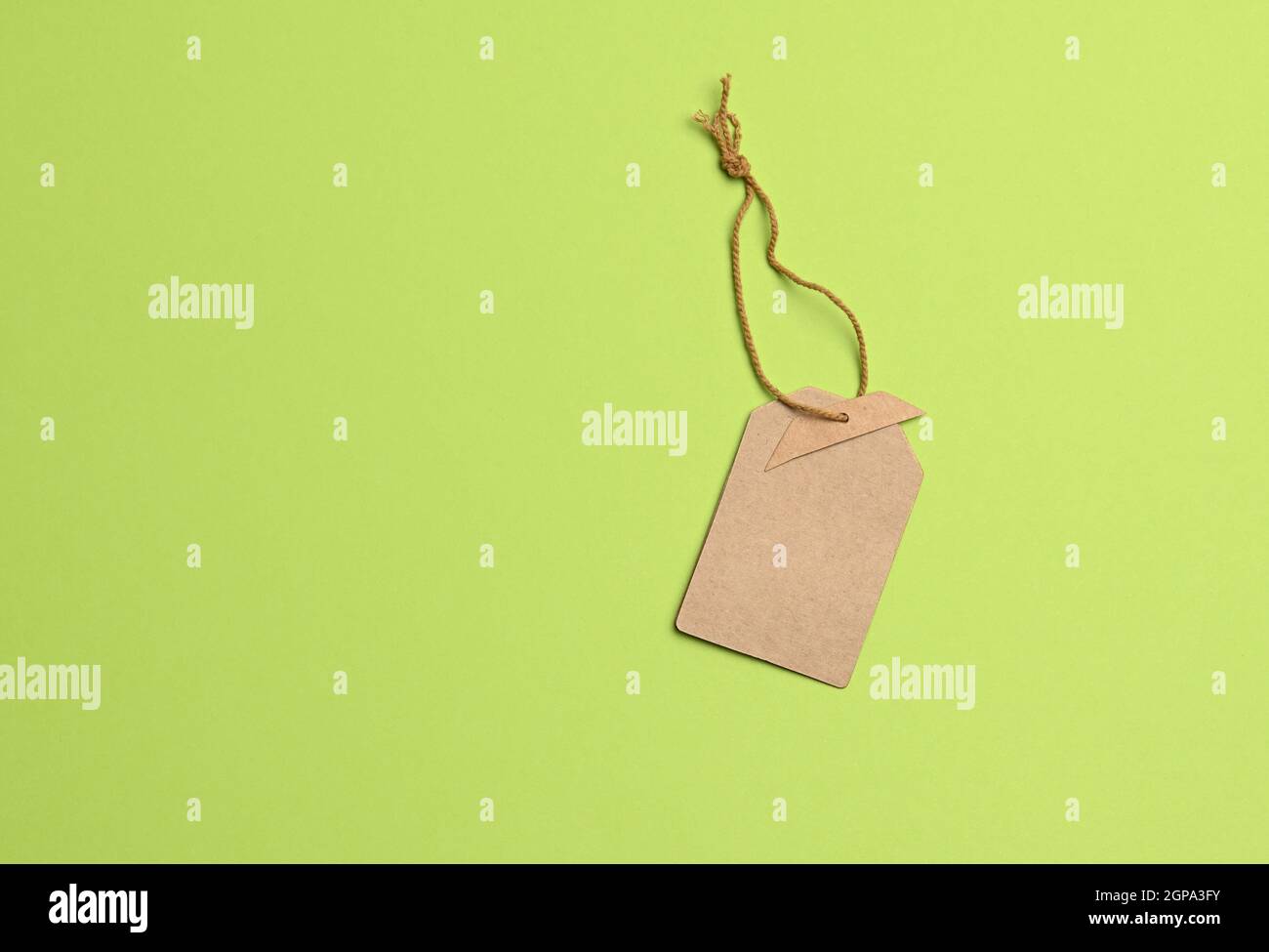 empty paper brown rectangular price tag on a rope, green background ...