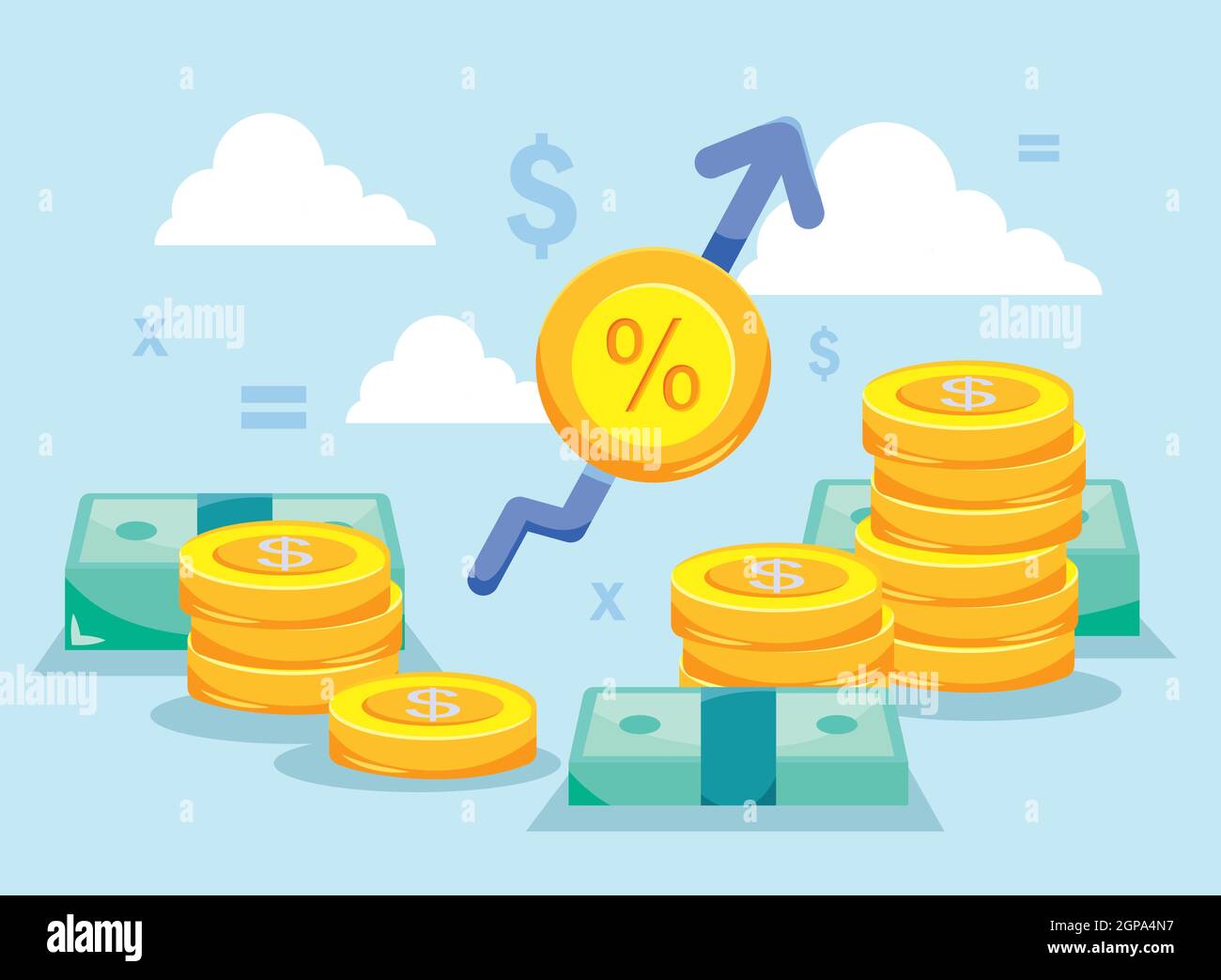 Coins and bills with increase arrow of interest theme Stock Vector ...