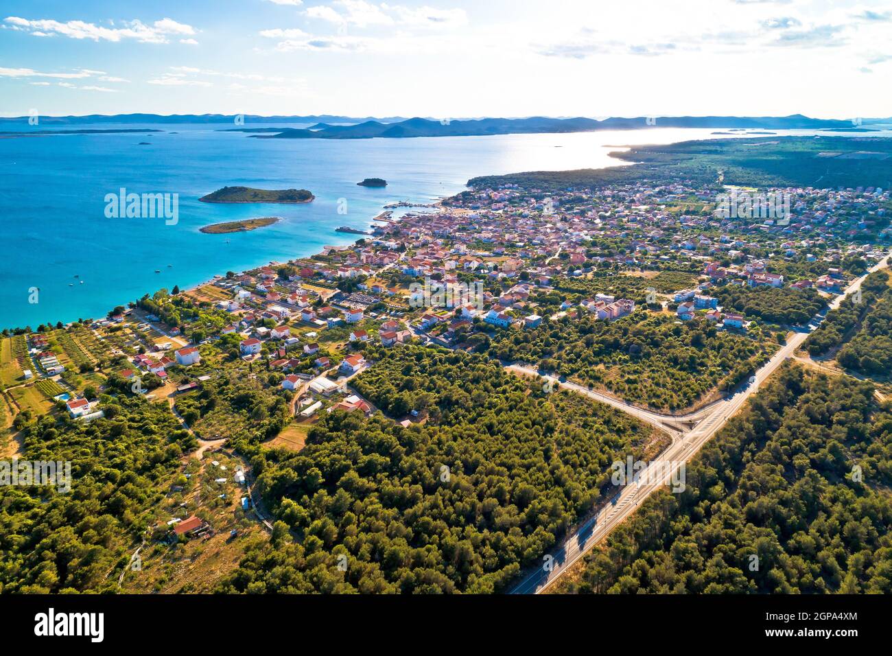 Adriatic town of Pakostane waterfront aerial view, Dalmatia region of ...