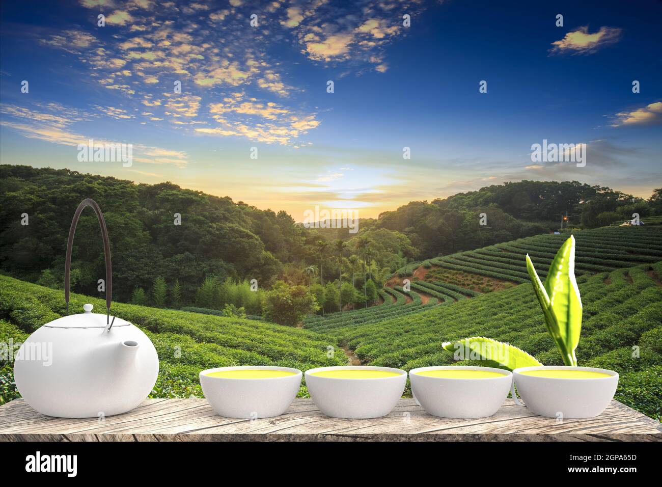 The 3d rendering of cup of hot tea is laid on a wooden floor with nice ...