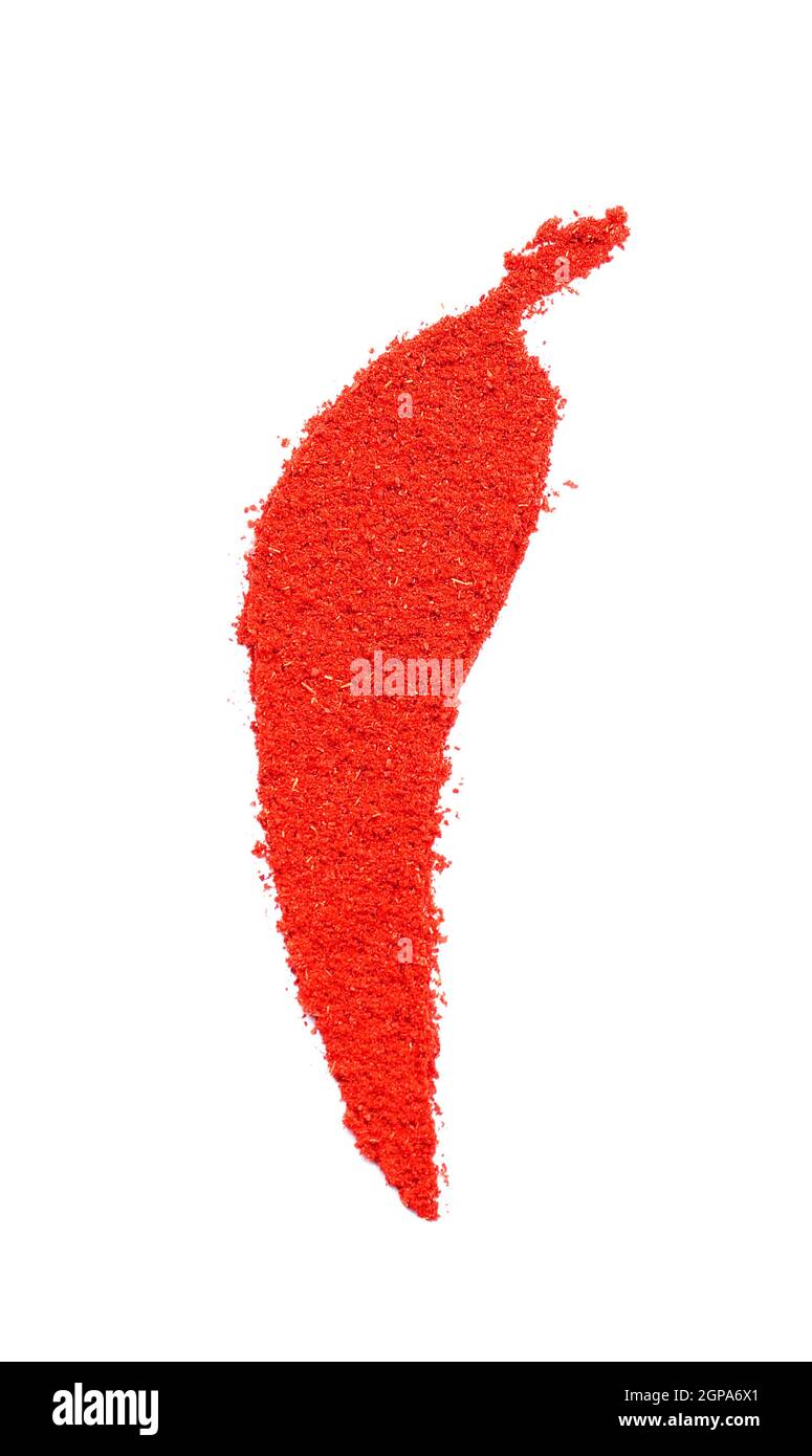Shape of red chili pepper made of powder on white background Stock ...