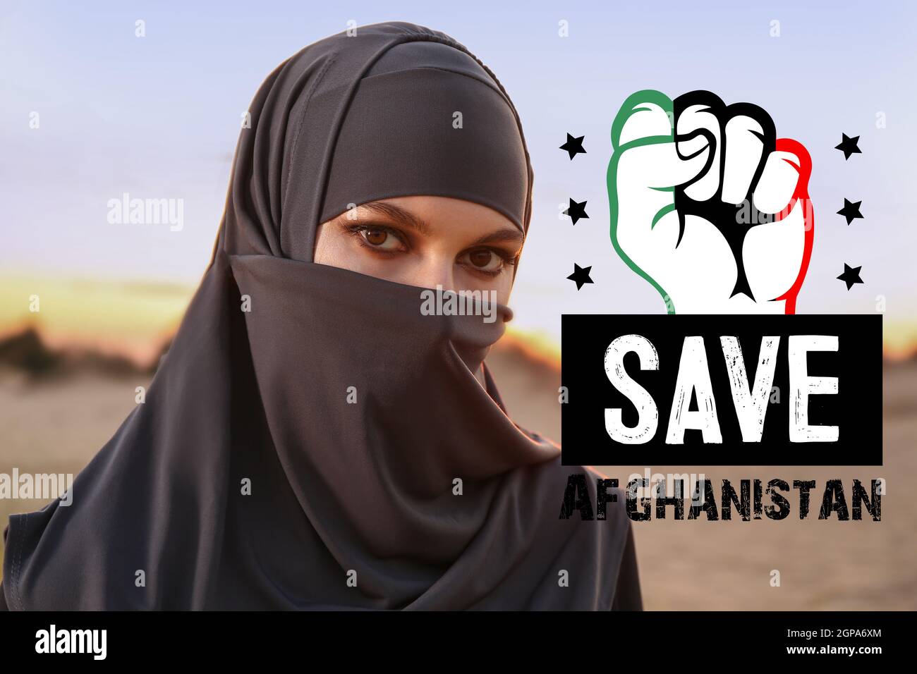 Muslim woman in desert. Save Afghanistan Stock Photo - Alamy