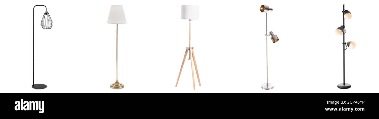 Stylish stand lamps on white background Stock Photo - Alamy