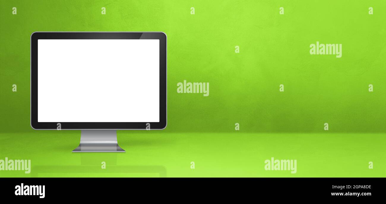Computer pc - green office desk banner. 3D Illustration Stock Photo - Alamy