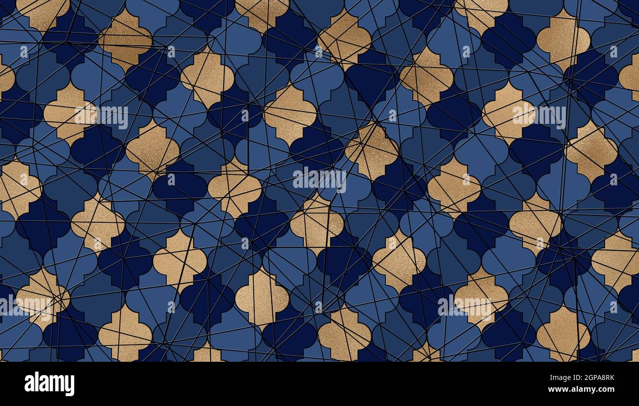 Abstract background. Blue gold pattern with Lines, Moroccan Arabic ...